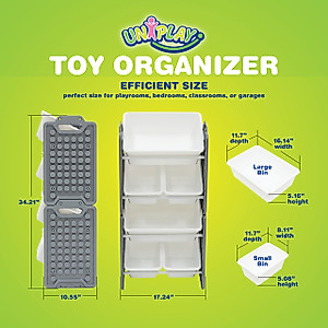 UNiPLAY Toy Organizer with 6 Removable Storage Bins, Multi-Bin Organizer for Books, Building Blocks, School Materials, Toys with Baseplate Board Frame (Gray)
