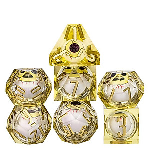 Yellow Beholder Eyeball Sharp DND Dice Set with Leather Dice Box | for Dungeons and Dragons, D&D, Sharp Edge, D20 Polyhedral Resin Dice, Dungeons and Dragons Gifts, Accessories