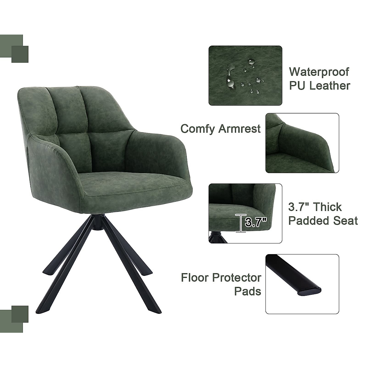 Shunzhi Modern Leather Desk Chair Swirl Office Chair No Wheels Comfy Computer Task Chair Metal Legs Upholstered Accent Arm Chair for Living Room/Bedroom/Small Spaces/Home Office, Green