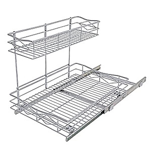TQVAI Pull Out Cabinet Organizer, 2 Tier Under Sink Storage Shelf with Sliding Drawer, Wire Kitchen Slide Out Basket - 11.75W x 17D x 13.25H, Request at Least 12.5 Inch Cabinet Opening