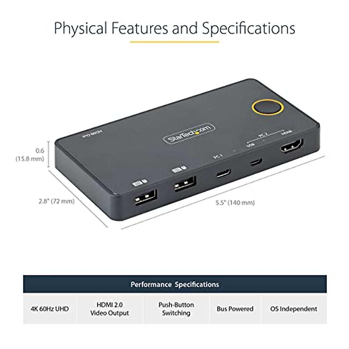 StarTech.com 2 Port Hybrid USB-A + HDMI & USB-C KVM Switch - Single 4K 60Hz HDMI 2.0 Monitor - Compact Desktop and/or Laptop HDMI KVM Switch - USB Bus Powered - Thunderbolt 3 Compatible, TAA