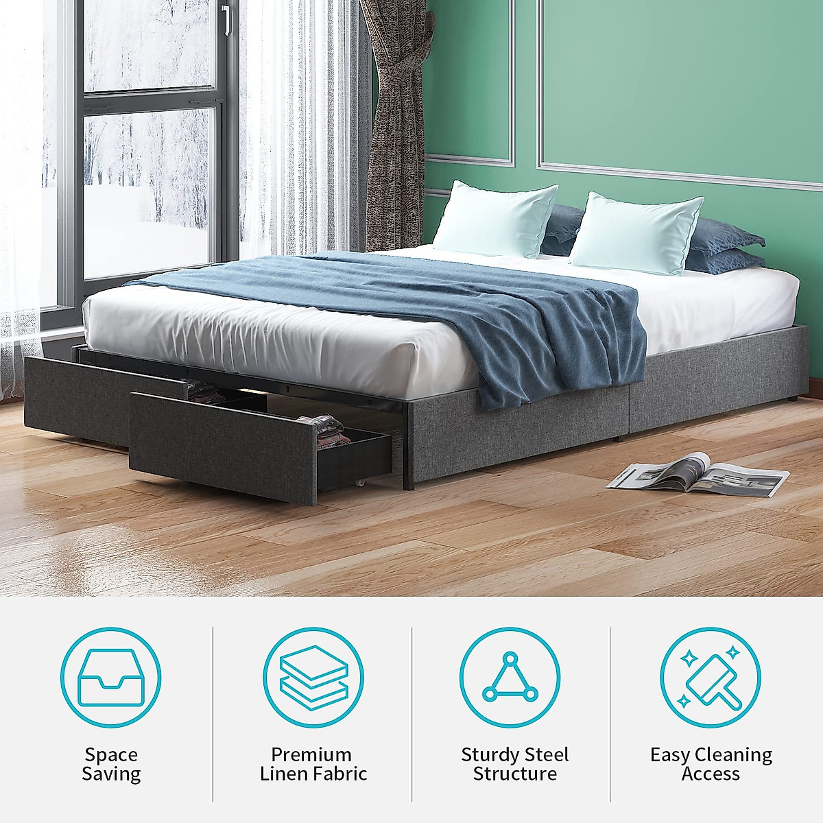 CECER California King Size Bed Frame with 2 Storage Drawers, Linen Platform Bed Frame with Wood Slat Support, No Box Spring Needed, Easy Assembly, Dark Grey
