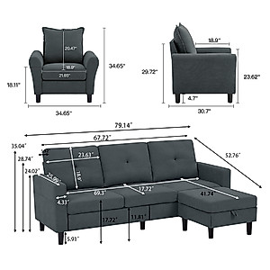Chireca Convertible Sectional Sofa Set, Small L Shaped 3-Seat Couch with Reversible Chaise and Accent Chair, Modern Polyester Sofas Couches for Living Room, Dark Grey