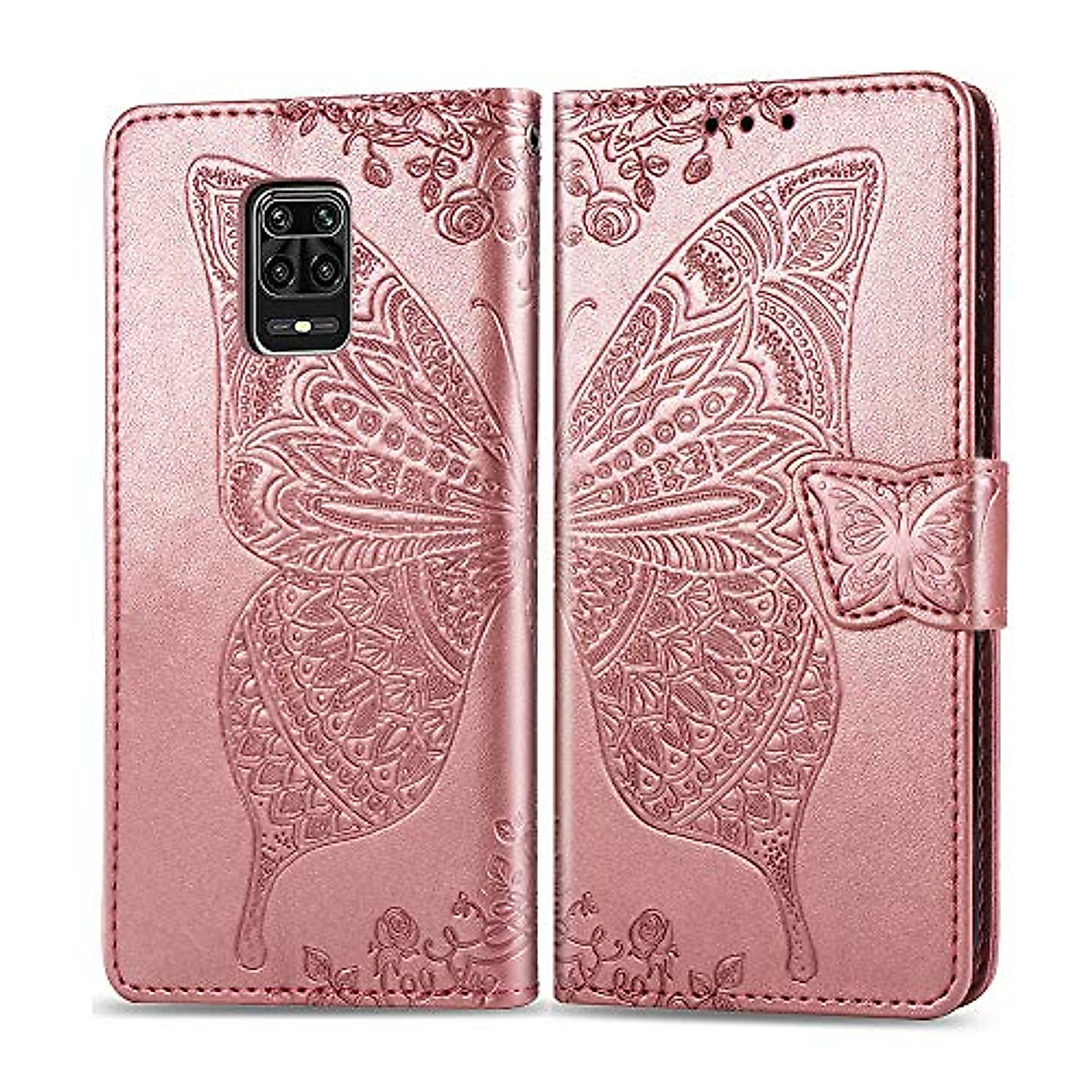 MRSTERUS Leather Case Redmi Note 9S Case Embossed Butterfly Premium PU Leather Folio Magnetic Stand Shockproof Wallet Case Cover with Card Slots for Redmi Note 9 Pro Butterfly Rose Gold SDB