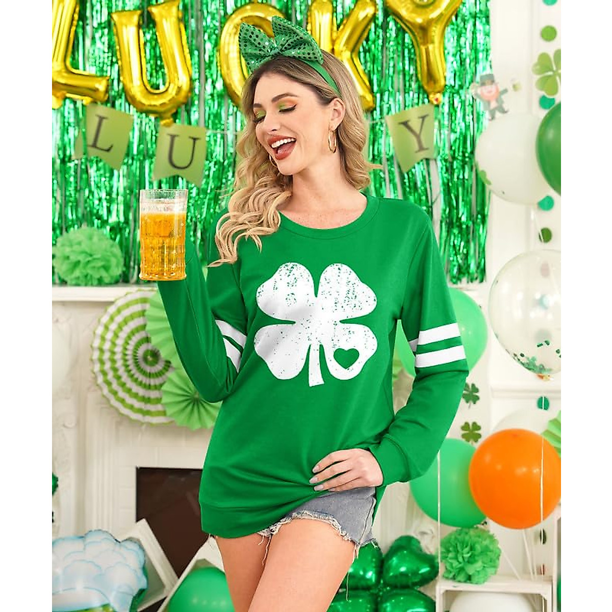 St Patricks Day Women's Pattys Paddys Shamrock Irish Sweatshirt Long Sleeve Clover Shirt Heart XL