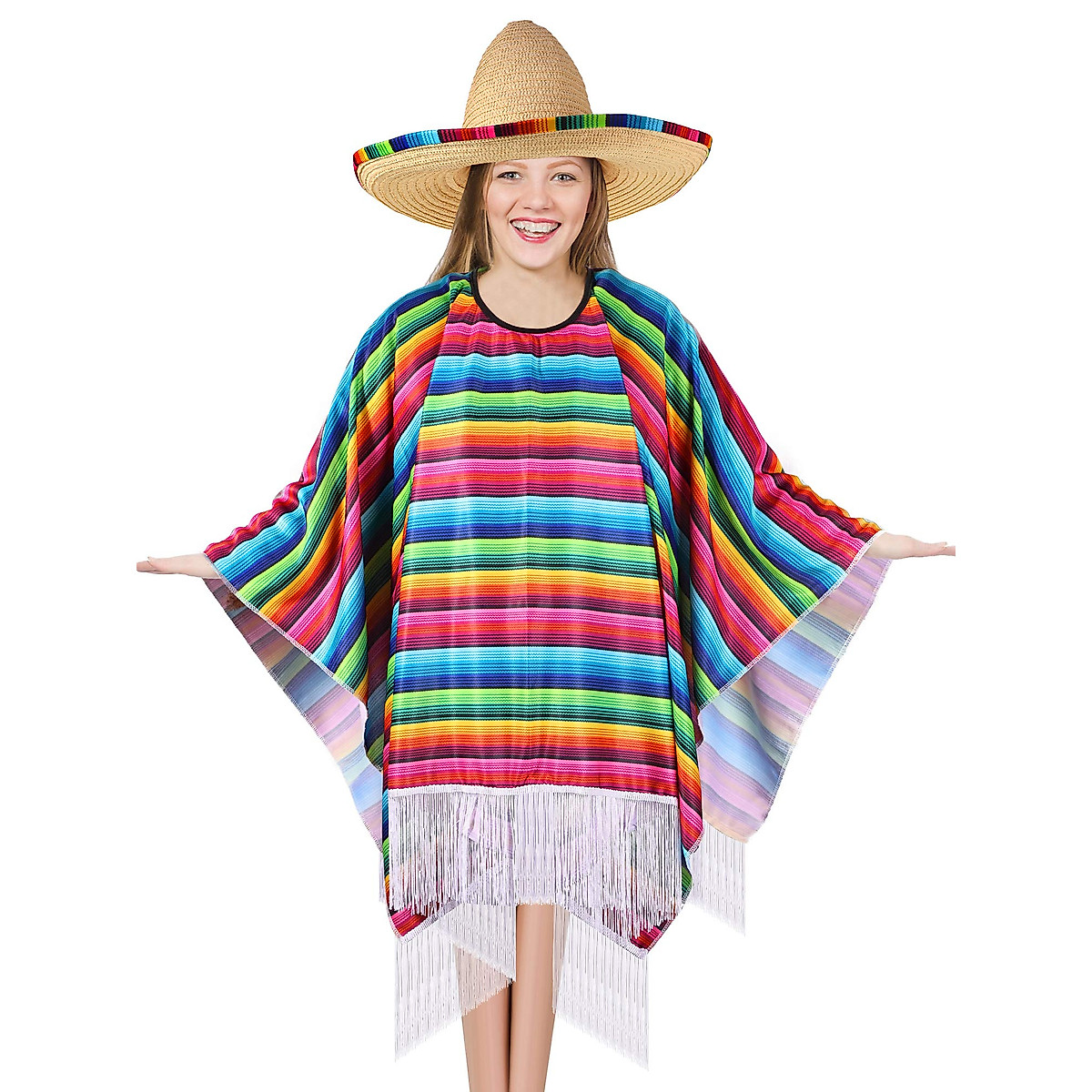 SATINIOR Mexican Serape Poncho Costume Mexican Sombrero with Rainbow Serape Edge and Band (Adult)