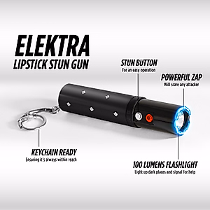 Lipstick Stun Gun for Women - Guard Dog Security Elektra Stun Gun for Self Defense, Maximum Voltage, 100 Lumen Flashlight with Keychain and Wall Charger (Black)