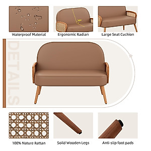 WENTMENT Loveseat Sofa Small Couch for Living Room, Faux Leather Mini Couch Love Seat with Natural Rattan Armrest and Solid Wooden Legs Small Sofa for Small Space, Bedroom, Apartment（Brown）