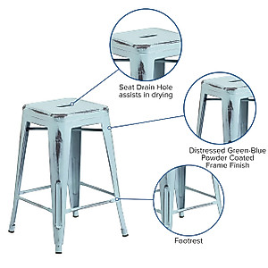 EMMA + OLIVER Commercial Grade 24" H Backless Distressed Green-Blue Metal Indoor-Outdoor Stool