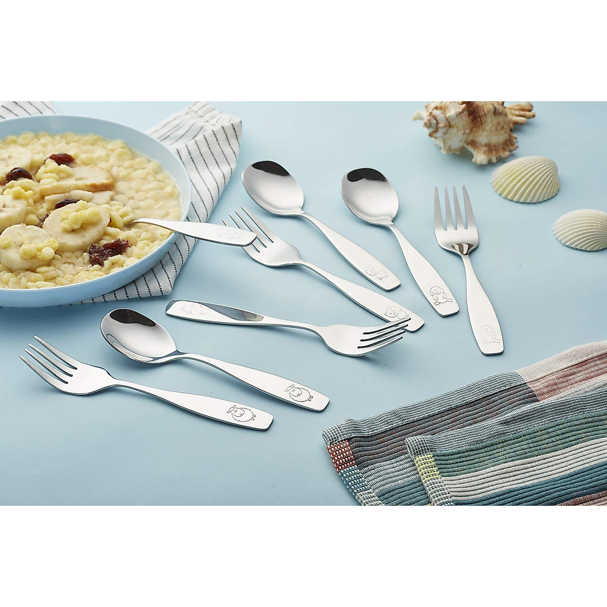 ANNOVA Kids Silverware 6 Pieces Children's Safe Flatware Set Stainless Steel - 3 x Forks, 3 x Children Tablespoons, Toddler Utensils, Metal Cutlery Set for LunchBox (Engraved Dog Bunny)