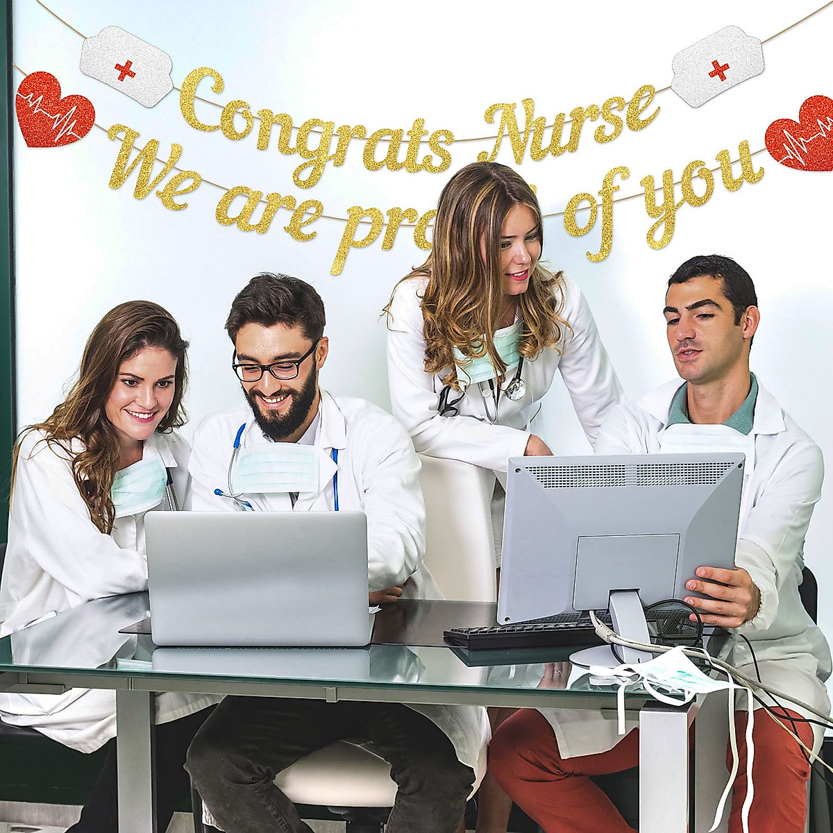 Whaline 2Pcs Nurse Graduation Paper Banner Glitter Gold Congrats Nurse Hanging Garland We are Proud of You Letter Party Banner for Nursing Medical School Nurse Graduation Party Decor Supplies, 8.2Ft