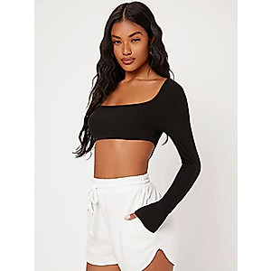 SOLY HUX Long Sleeve Crop Tops for Women Sexy Scoop Neck Rib Knitted Workout Basic Tees Slim Fitted Cropped T Shirts Solid Black M