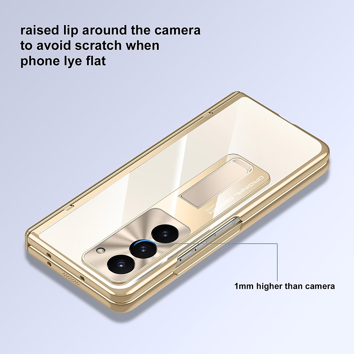 Libeagle Compatible with Samsung Galaxy Z Fold 5 Case, Non-Yellow Clear Back, Electroplated Frame, Full Hinge Protection, Screen Protector, Magnetic Stand, Thin and Slim Phone Cover 5G 2023, Gold