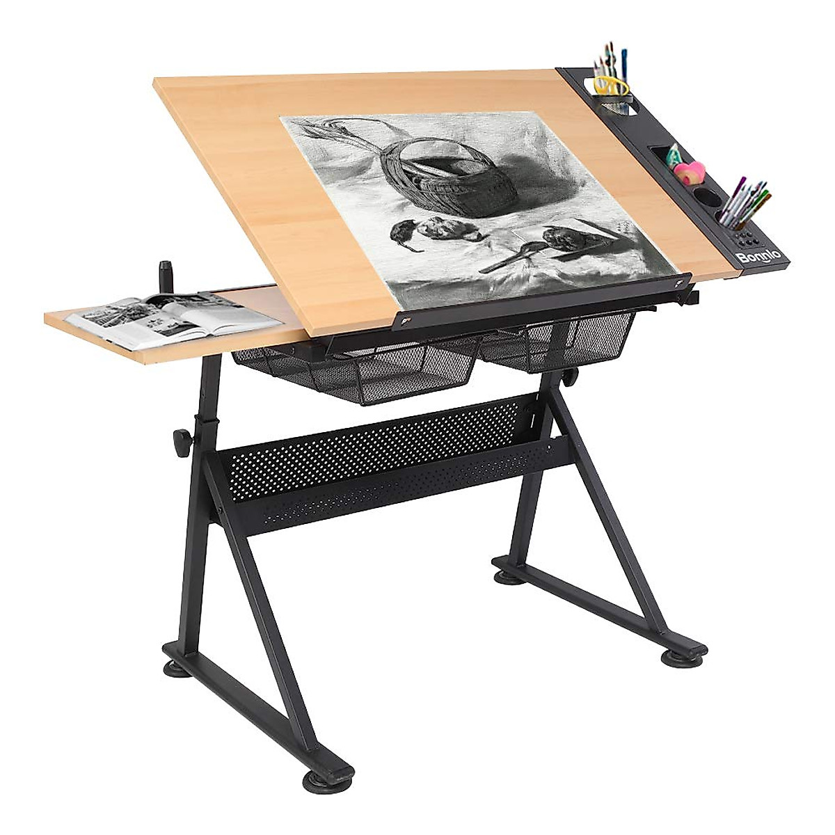 Bonnlo Professional Drafting Desk, Wooden Drawing Table Height Adjustable Tiltable Tabletop w/Storage Drawer for Reading, Writing Art Craft Work Station