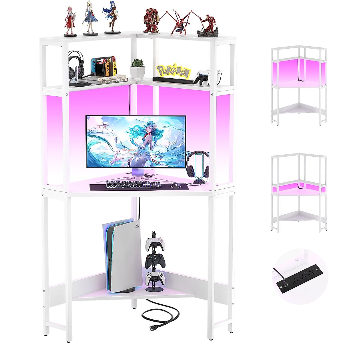 Cyclysio Mini Corner Desk with Hutch, Corner Gaming Desk with LED Light, Corner Computer Desk with Power Outlets, Triangle Corner Desk for Small Space, Home Office, Workstation, White