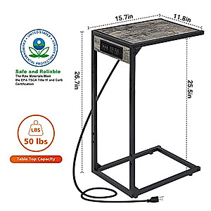 Set of 2 C Shaped End Table with Charging Station, Snack Side Table with Table with USB Ports & Power Outlets, C Tables for Couch, Couch Tables That Slide Under, for Living Room, Bedroom, Gray