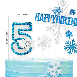 iNINGER Frozen Snow Themed Birthday Candles,Snowflake Birthday Candles Number 5 Candle,Snow Themed Birthday Candles for Cake,Blue White Birthday Candles Cake Toppers Birthday Party Supplies