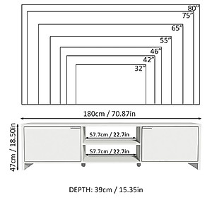 Madesa TV Stand for TV's up to 80 inches, 71 inch, TV Table with Cable Management, Wooden, 18'' H x 15'' D x 71'' L - White