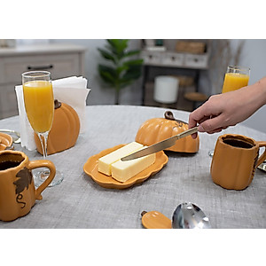Nat & Jules Pumpkin Shaped 8 x 6 Inch Ceramic Scalloped Covered Lid Butter Dish: Perfect for decorating table settings for Thanksgiving, Halloween & Indoor Fall Décor, Orange