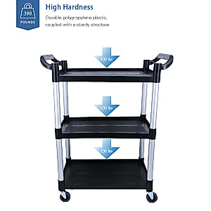 Abacad Plastic Utility Cart with Wheels Lockable, Heavy Duty Restaurant Cart, Service Cart for/Home/Office/Warehouse/Kitchen/Workshop,390 Lbs,2 Handles, Black.