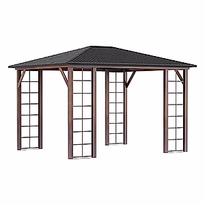 10' x 12' Permanent Gazebo Canopy, Adjustable Metal Roof Hardtop Gazebo, Hardtop Gazebo with Waterproof Metal Roof and Wood Grain Metal Frame for Porch Party, Garden, Grill Gazebo