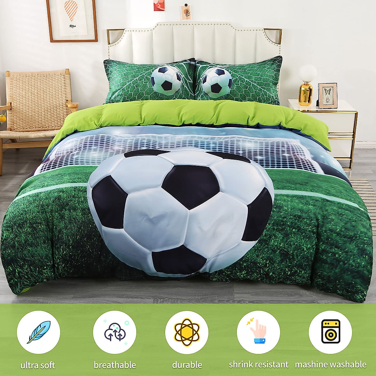 ENJOHOS Green Kids Duvet Cover Queen, 3 Piece 3D Soccer Bedding for All Season, Sports Theme Microfiber Comforter Cover Set with 2 Pillowcase（No Comforter No Fitted Sheet）