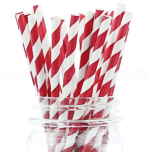 CleverDelights Red Stripe Paper Straws - 100 Pack - Biodegradable Drinking Straws