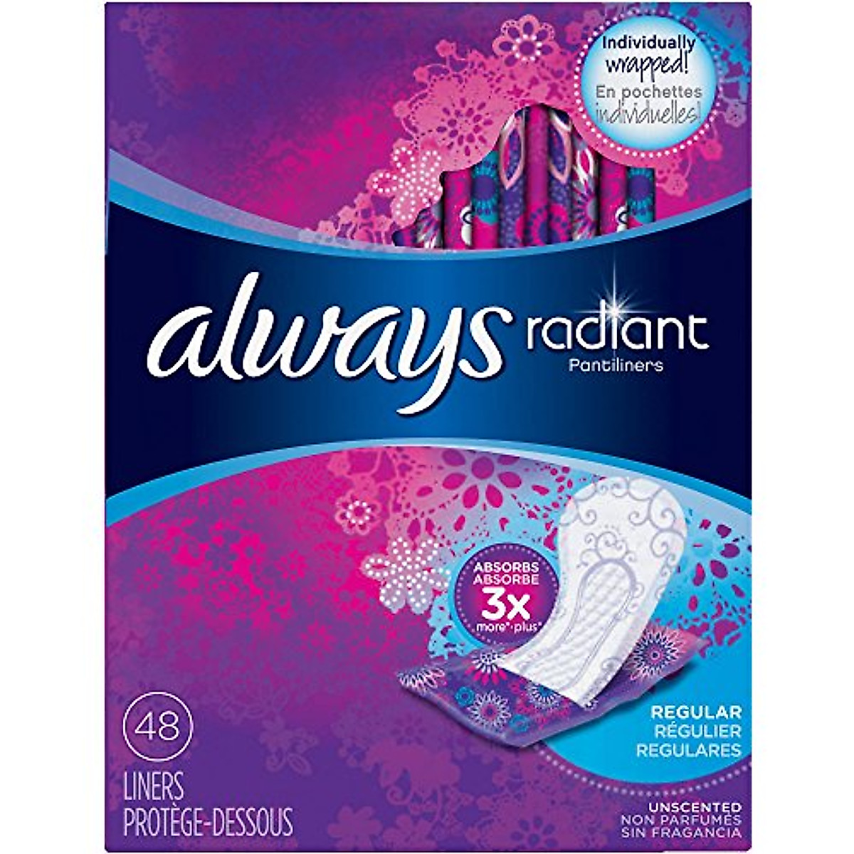 Always Radiant Pantyliners, Regular, Unscented, 48 Count, 2 Pack. (Includes 96 Pantiliners Total.)