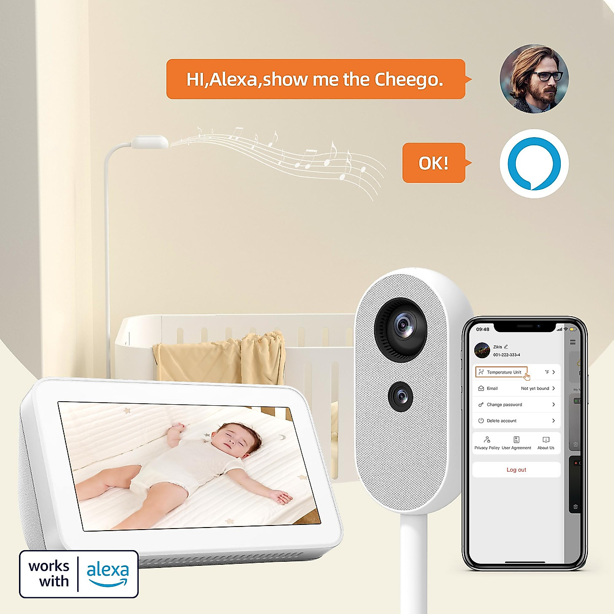 Cheego Smart Baby Monitor & Clip-On Mounting-HD Video Camera and Audio, 2-Way Talk, Nightlight and Night Vision, Room Humidity & Temp, Wake up & Crying Detection Works with Alexa