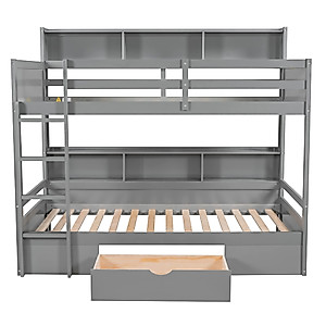 SOFTSEA Twin Over Twin Bunk Bed with Storage Shelves and Drawers, Solid Wood Bunk Bed Frame with Guardrails and Built-in Ladder for Kids, Twin Size Bunk Bed for Bedroom, Gray