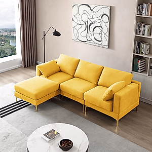TURRIDU 93" Modular Sectional Sofa Couch with Convertible Ottoman, Modern Sectional Sofa Couch with Golden Metal Legs, 3 Seat L-Shape Sofa Couch for Living Room, Apartment, Bedroom
