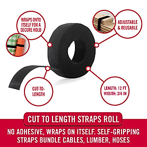 VELCRO Brand - ONE-WRAP Roll, Double-Sided, Self Gripping Multi-Purpose Hook and Loop Tape, Reusable, 12' x 3/4" Roll - Black