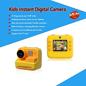 Kids Camera Instant Print, 48 Mega Pixels and 1080P Resolution HD Digital Video Cameras for Girls Boys 3-12 Years Old with 32GB SD Card,Color Pens,Print Papers(Yellow)