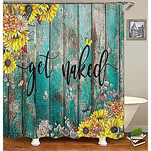 4Pcs Get Naked Sunflower Shower Curtain Sets Floral Green Bathroom Set Decor with Non-Slip Rugs Bath U-shaped Mat Toilet Lid Cover Country Flower Bathroom Curtains Shower Set with 12 Hooks, 70.8×70.8
