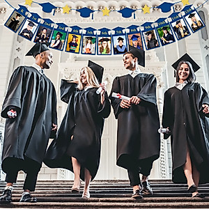 Whaline 2Pcs Graduation Photo Banner, Congrats Grad Banner, No DIY Require Hanging Bunting, Kindergarten to 12th Grade Picture Garland, Black Gold Glitter Banner for Grad Party Decor, 5 x 7 inch