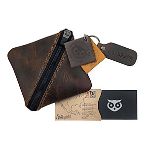 Hide & Drink, Slash Zippered Pouch, Change Holder and Storage for Pocket and Purse Organization with Zipper, Full Grain Leather, Handmade, Bourbon Brown