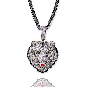 8mm Miami Cuban Link Chain Bengal Tiger Big Custom Cuban Pendant Iced Diamond cz Men Women 925 Italy Men's Choker Chain, 14k White Gold Silver Miami Cuban 6mm Chain Necklace Choker, Diamond Pendant (22" Chain Pendant)