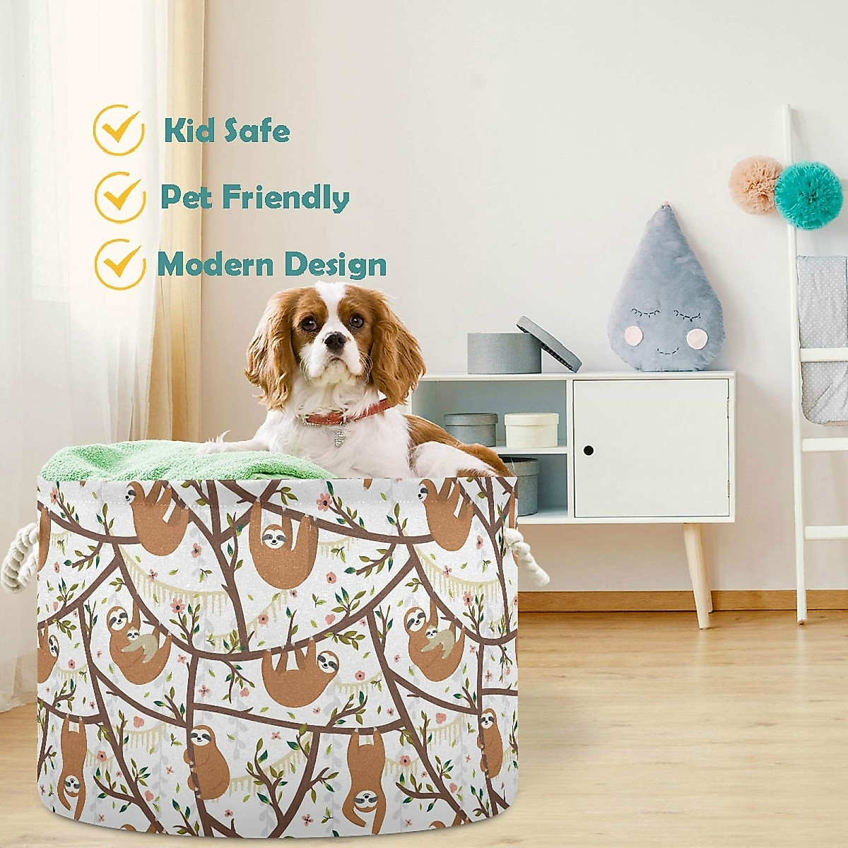 visesunny Collapsible Large Capacity Basket Funny Sloth On The Branches Animal Clothes Toy Storage Hamper with Durable Cotton Handles Home Organizer Solution for Bathroom, Bedroom, Nursery, Laundry,Cl