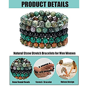 BOMAIL 5PCS Semi-Precious Gemstone Bracelet - Healing Crystal Stone Beaded Bracelets for Women Men 8mm Round Beaded Stretch Bracelets Unisex Stress Relief Yoga Bracelets Gifts