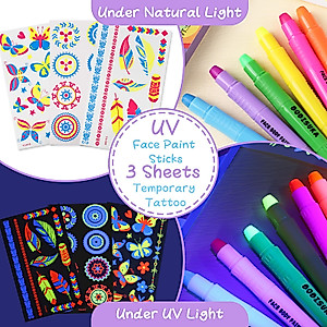 BOBISUKA Glow in The Black Light Face Body Paint Stick Kit with Temporary Tattoo Stickers, 8 Color UV Neon Face Painting Crayon Set for Art Theater Halloween Party Cosplay Clown SFX Makeup