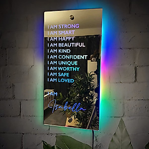 FERATORS Personalized Affirmations Mirror LED Neon Light I Am Mirror Custom Name Light Up Mirror Bedroom Wall Decor Affirmations Mirror LED Mirror for Women Men (Custom Name and Text)
