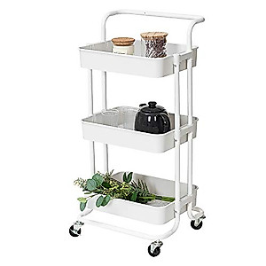 Lomani 3 Tier Storage Cart, Rolling Utility Cart with Brake Caster Wheels, Multifunctional Storage Shelves, Metal Storage Cart, Trolley for Kitchen, Bathroom, Office with Handle -White