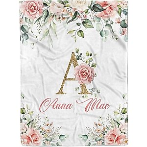 Honestchi Floral Personalized Baby Blankets for Girls - Custom Baby Girl Blanket - Customized Baby Gifts with Name - Soft, Lightweight & Giftable