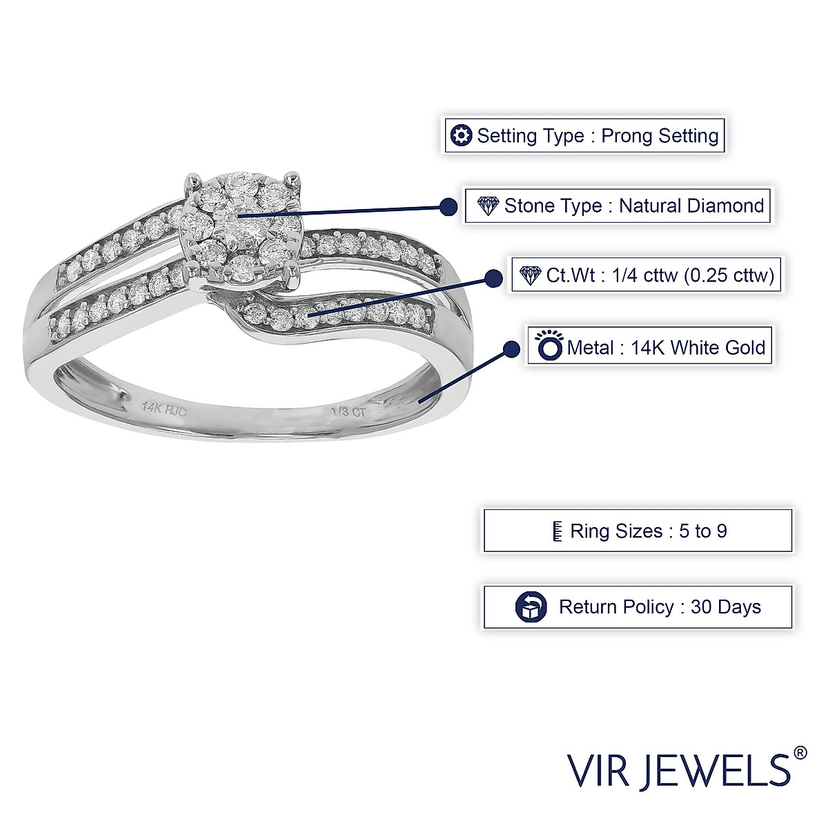 Vir Jewels 1/4 cttw Diamond Cluster Set Wedding Engagement Ring 14K White Gold Bridal Size 7