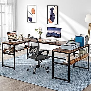Tribesigns U- Shaped Desk with Bookshelf and Tilting Drawing Board, L Shaped Computer Desk Gaming Gamer Table Workstation Desk with 3 Desktop for Home Office (Rustic)