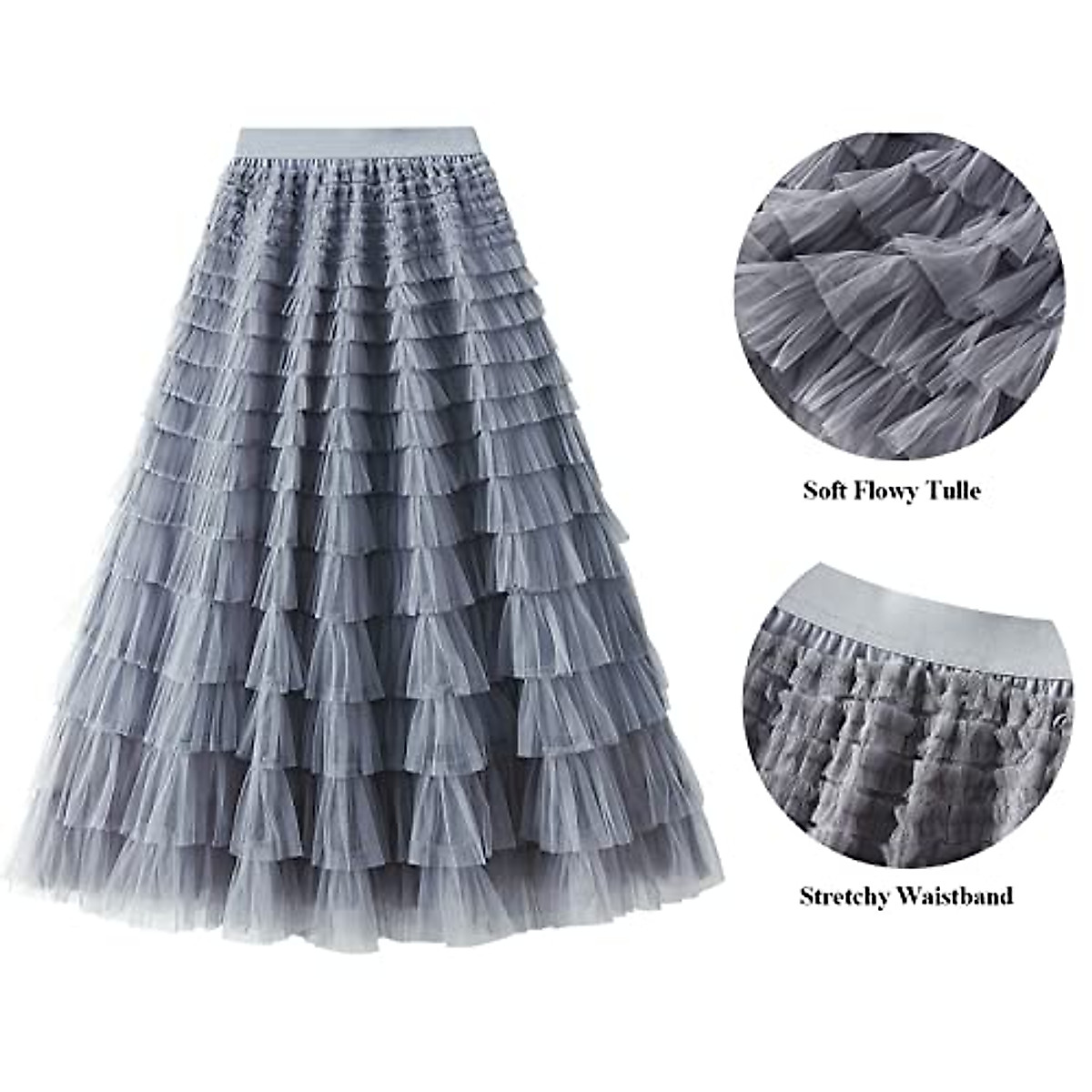 Elegant A Line Fairy Tulle Tiered Skirt for Women Elastic High Waist Layered Mesh Tutu Flowy Long Skirts for Women,Grey,Size for 110lbs-175lbs