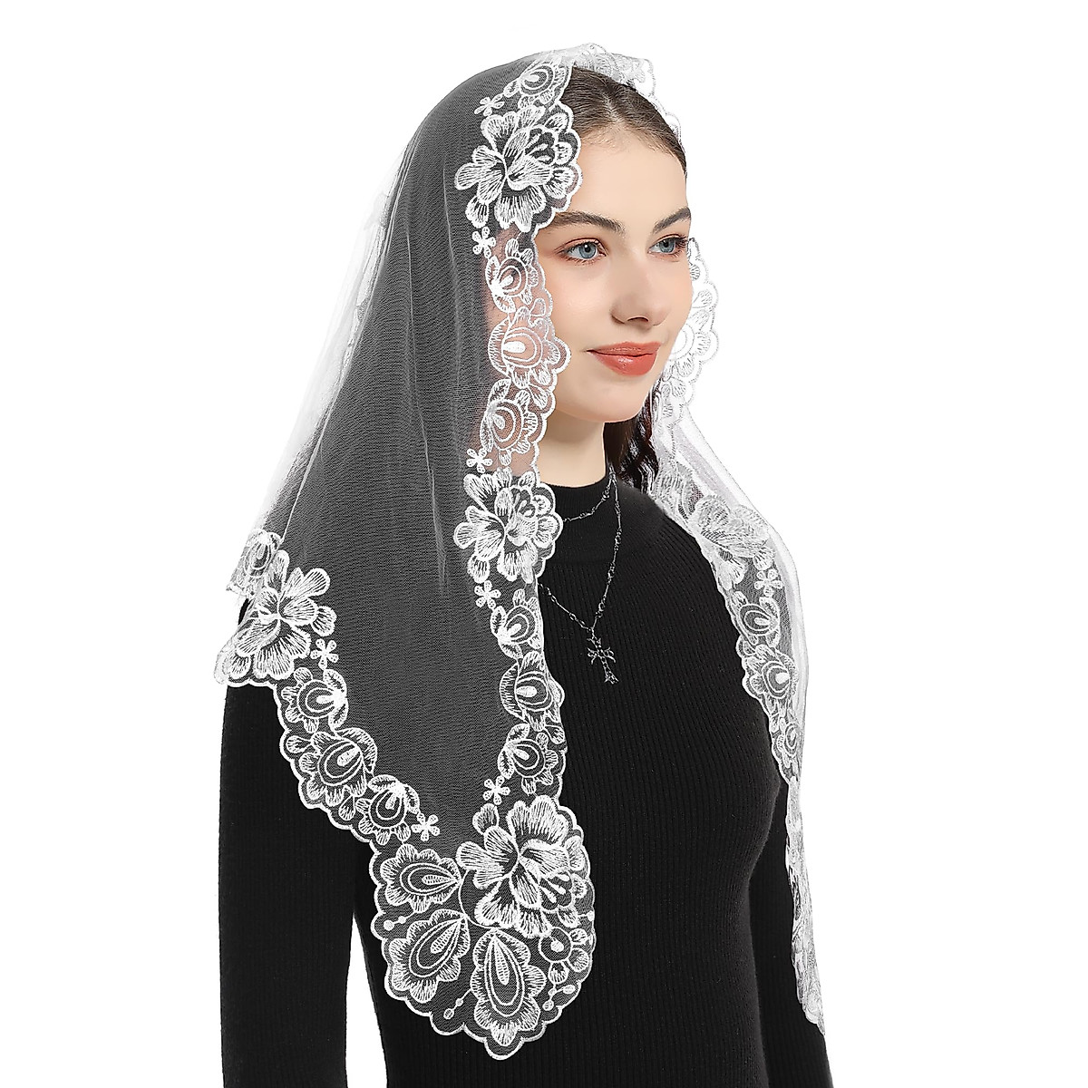 Bozidol Church Veil Triangular Mantilla - Cross Chalice Embroidered Vintage Catholic Mass Veil for Women