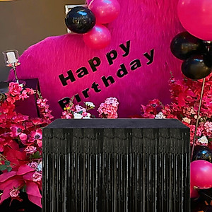 2 Packs Black Metallic Foil Fringe Tinsel Table Skirts for Rectangle Tables 6ft 8ft Streamer Curtains Backdrop for Birthday Float Parade 2024 Graduation Party Decorations -29x108 Inch