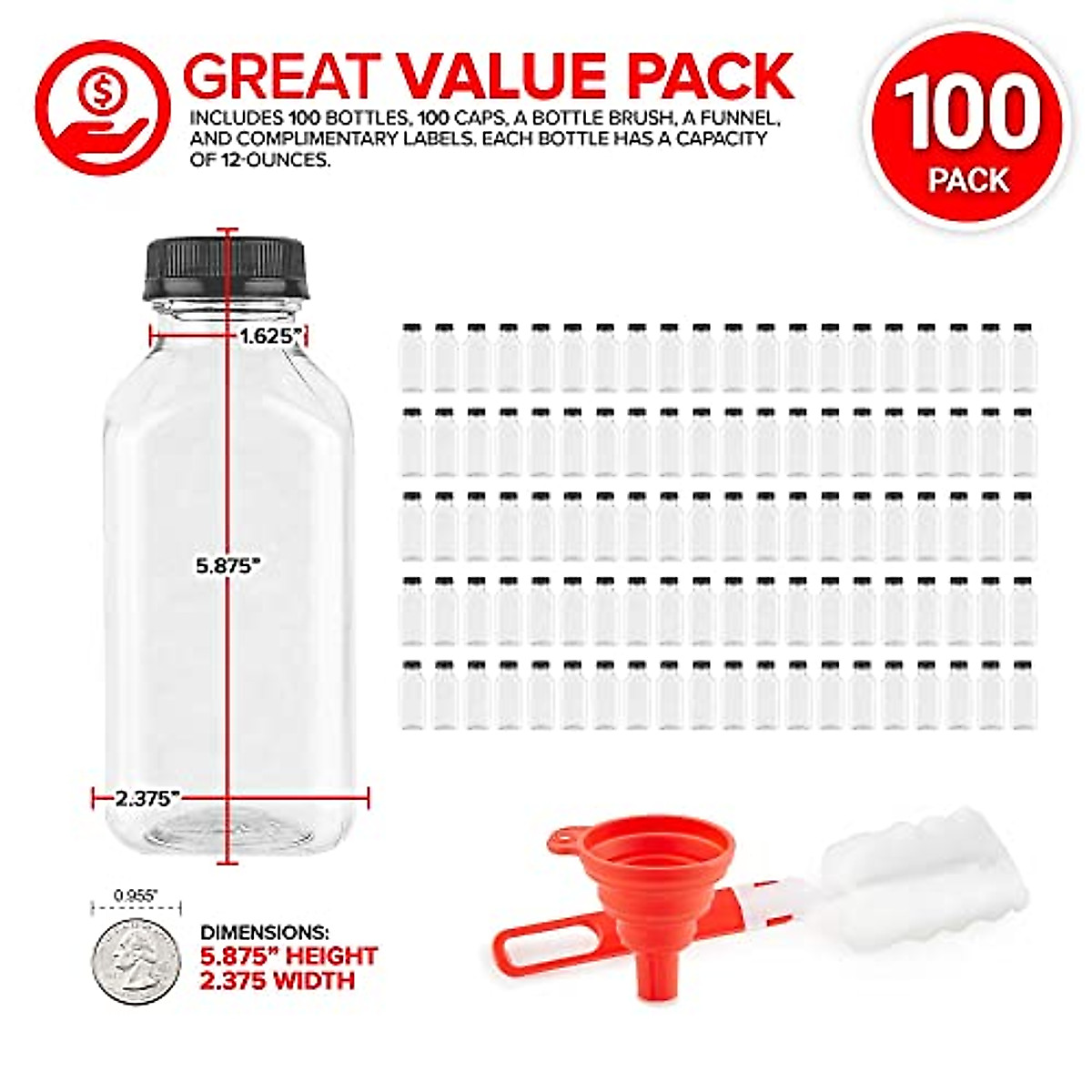 12 oz Plastic Bottles with Caps (100 pack) - Reusable Clear Empty Juice Bottles - 12 Oz Drink Containers for Mini Fridge, Juicer Shots - Mini Water Bottles - Include Labels, Brush & Funnel