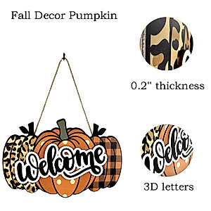 Fall Wreaths for Front Door Wooden Leopard Plaid Welcome Pumpkin Hanging Sign Front Porch Decor Door Sign Farmhouse Wall Living Room Home Decorations 11.8 x 7.9 Inch